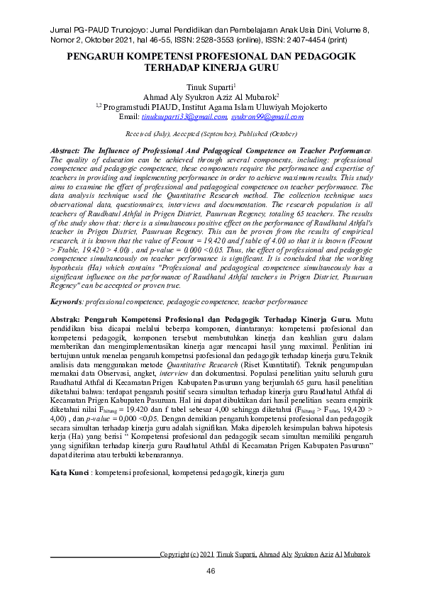 (PDF) Pengaruh Kompetensi Profesional dan Pedagogik terhadap Kinerja Guru