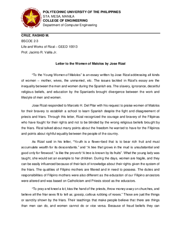 (PDF) Letter to the Women of Malolos by Jose Rizal