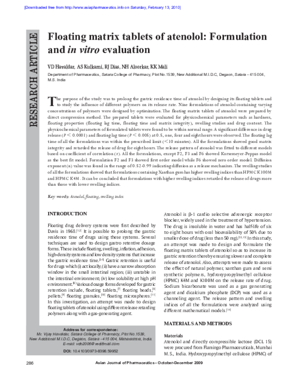 Pdf Floating Matrix Tablets Of Atenolol Formulation And In Vitro Evaluation