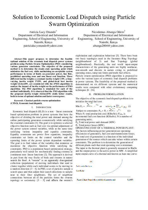 (PDF) Solution to Economic Load Dispatch using Particle Swarm Optimization | PATRICIA ONUNDO ...