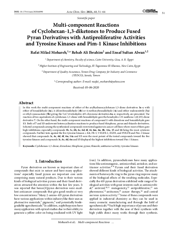 (PDF) Multi-component Reactions of Cyclohexan-1,3-diketones to Produce ...