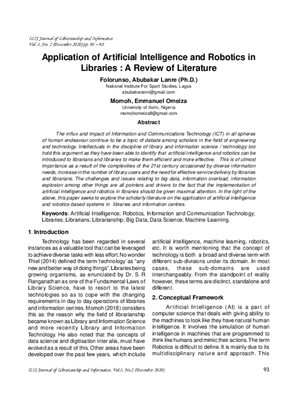 (PDF) Application of Artificial Intelligence and Robotics in Libraries : A Review of Literature