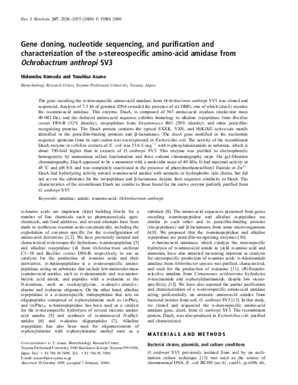 (PDF) Gene cloning, nucleotide sequencing, and purification and characterization of the D ...