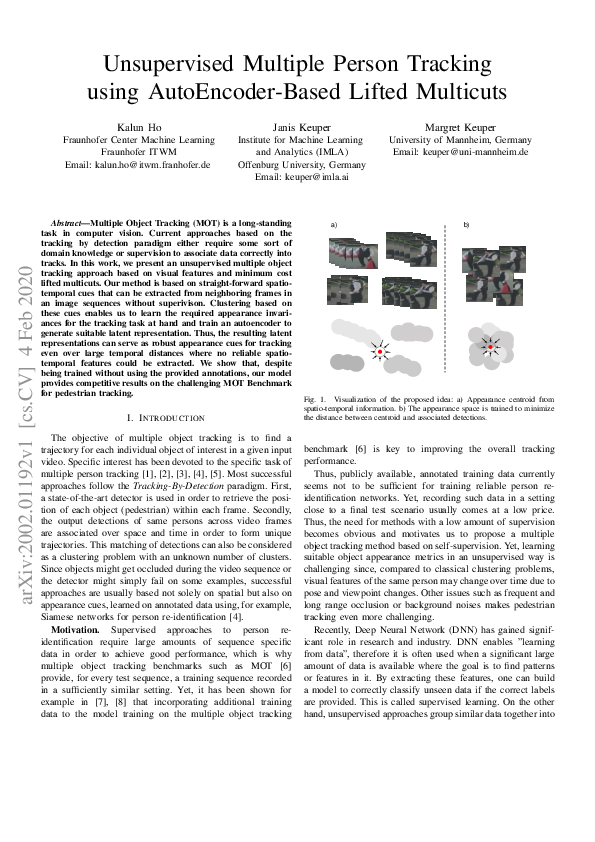Pdf Unsupervised Multiple Person Tracking Using Autoencoder Based Lifted Multicuts