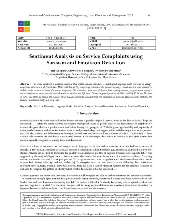 Pdf Sentiment Analysis On Service Complaints Using Sarcasm And