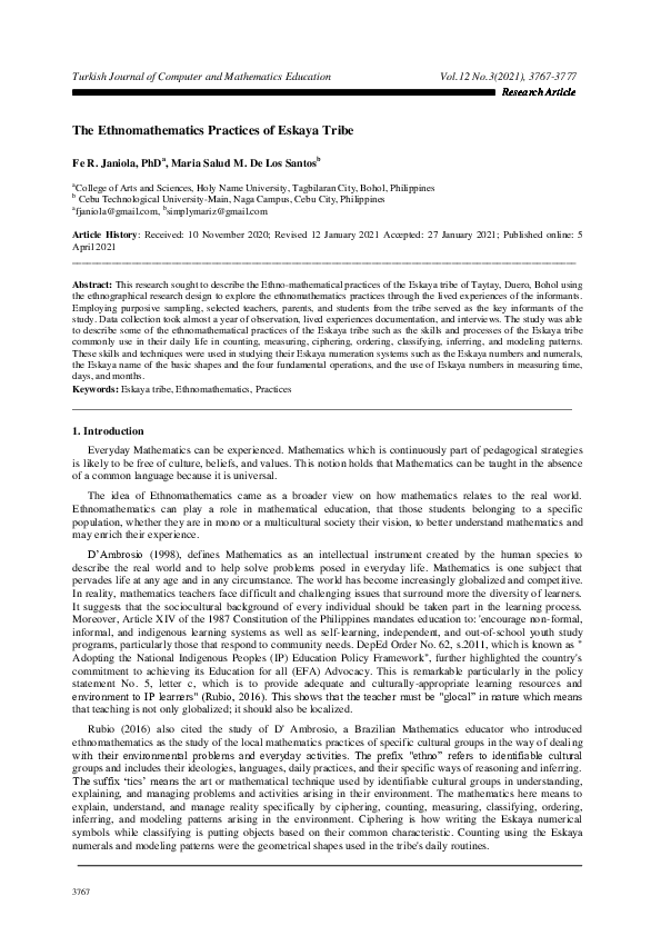 (PDF) The Ethnomathematics Practices of Eskaya Tribe