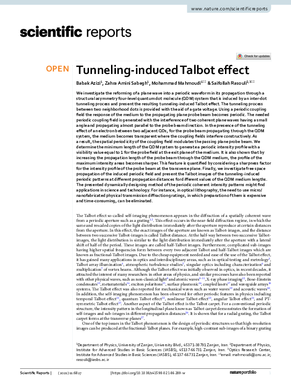 (PDF) Tunneling-induced Talbot effect | Mohammad Mahmoudi - Academia.edu