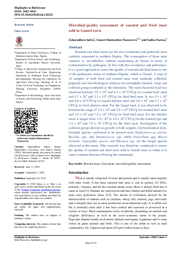(PDF) Microbial quality assessment of roasted and fried meat sold in ...