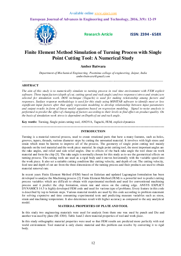 Pdf Finite Element Method Simulation Of Turning Process With Single