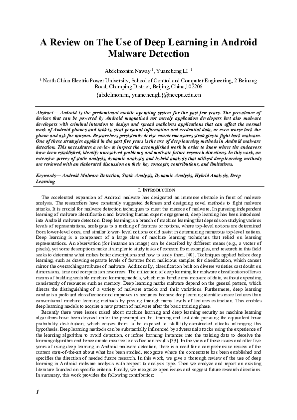 (PDF) A Review on The Use of Deep Learning in Android Malware Detection