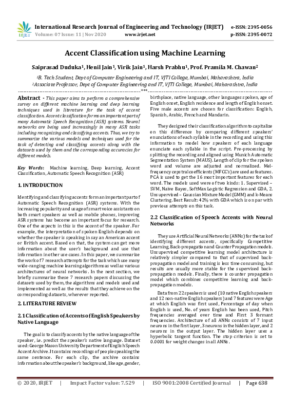 Pdf Accent Classification Using Machine Learning
