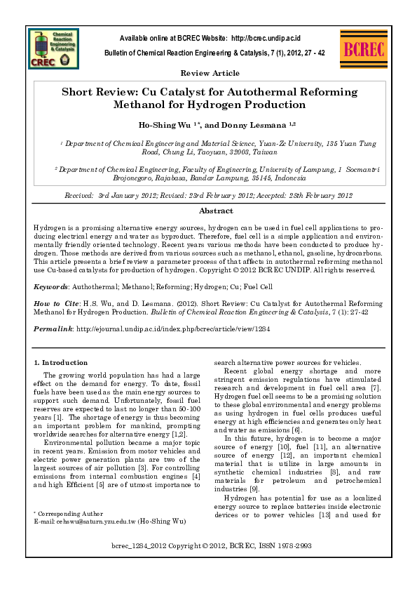 Pdf Short Review Cu Catalyst For Autothermal Reforming Methanol For Hydrogen Production