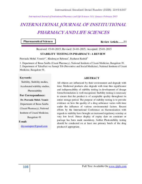 (PDF) Stability Testing in Pharmacy: A Review