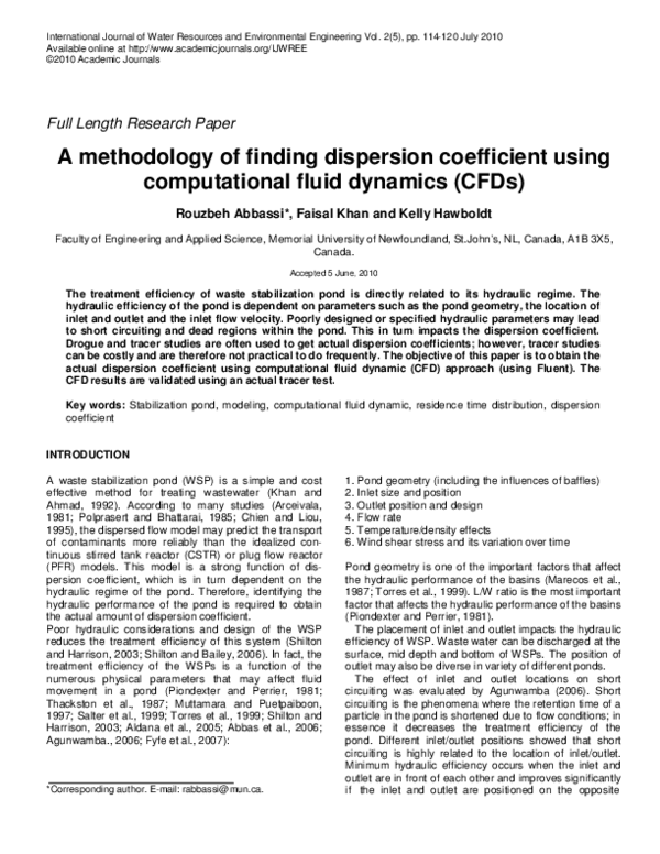 Pdf A Methodology Of Finding Dispersion Coefficient Using Computational Fluid Dynamics Cfds