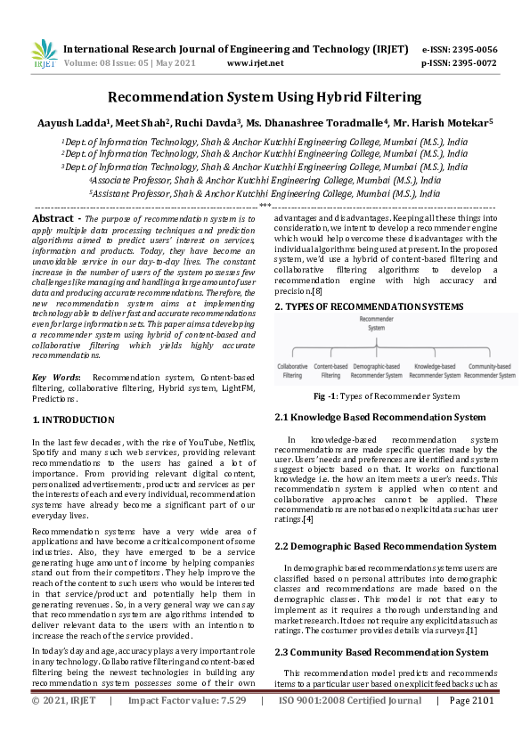 (PDF) Recommendation System Using Hybrid Filtering