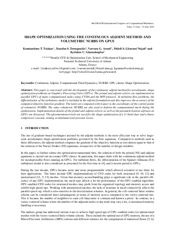 (PDF) Shape Optimization Using the Continuous Adjoint Method and Volumetric Nurbs on Gpus