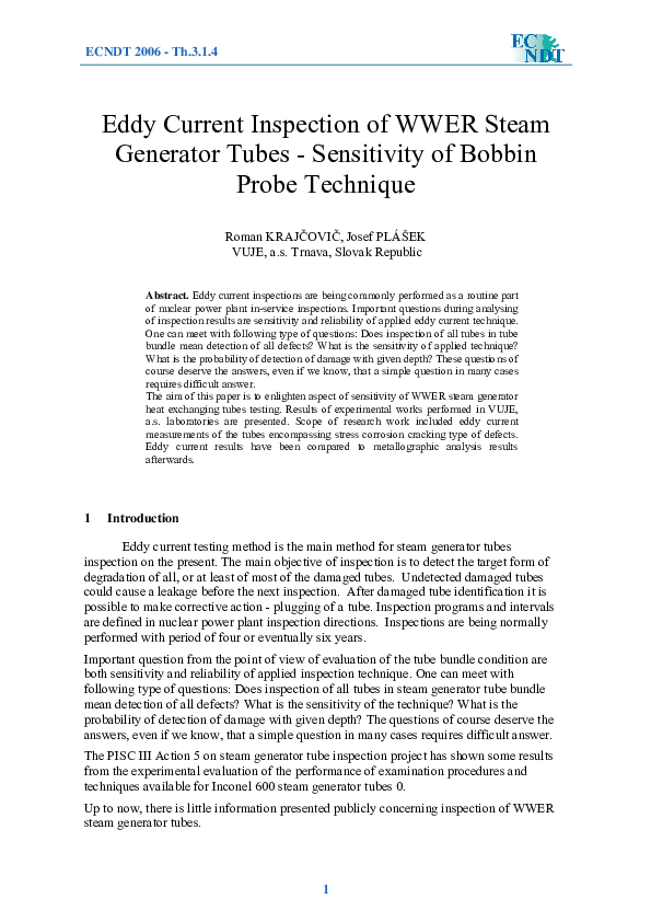 (PDF) Eddy Current Inspection of WWER Steam Generator Tubes ...
