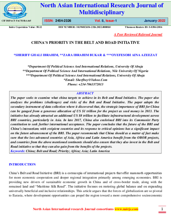 (PDF) CHINA'S PRIORITY IN THE BELT AND ROAD INITIATIVE