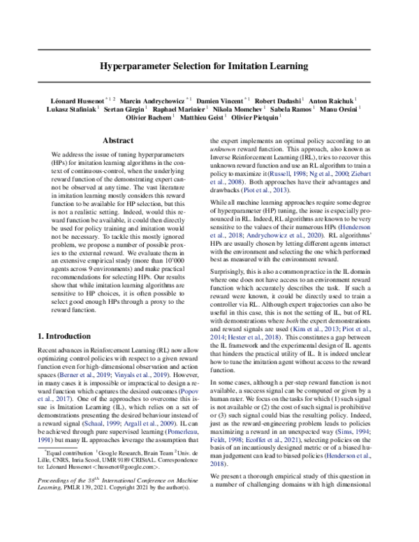 (PDF) Hyperparameter Selection for Imitation Learning