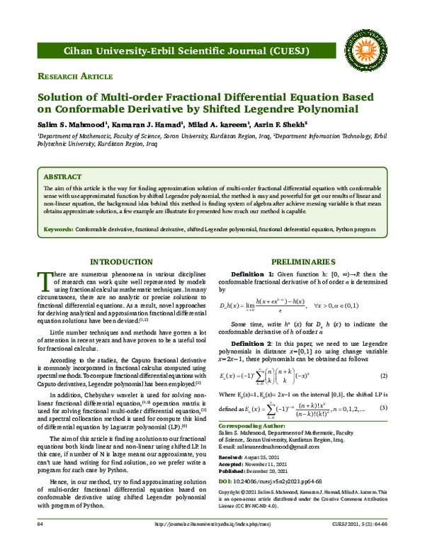 Pdf Solution Of Multi Order Fractional Differential Equation Based On Conformable Derivative