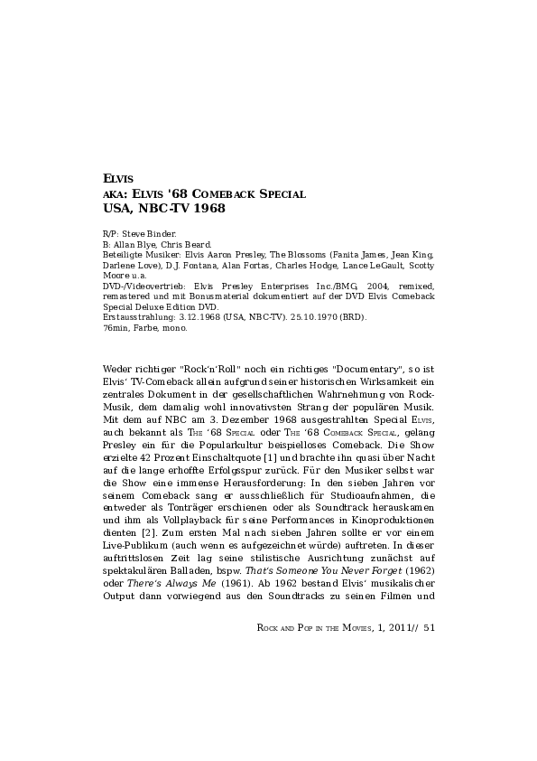 (PDF) Close Reading: Elvis aka Elvis '68 Comeback Special, USA, NBC-TV 1968