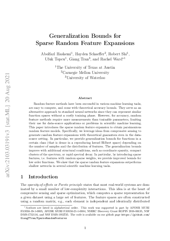 (PDF) Generalization Bounds for Sparse Random Feature Expansions
