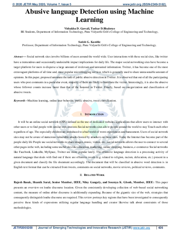 (PDF) Abusive language Detection using Machine Learning