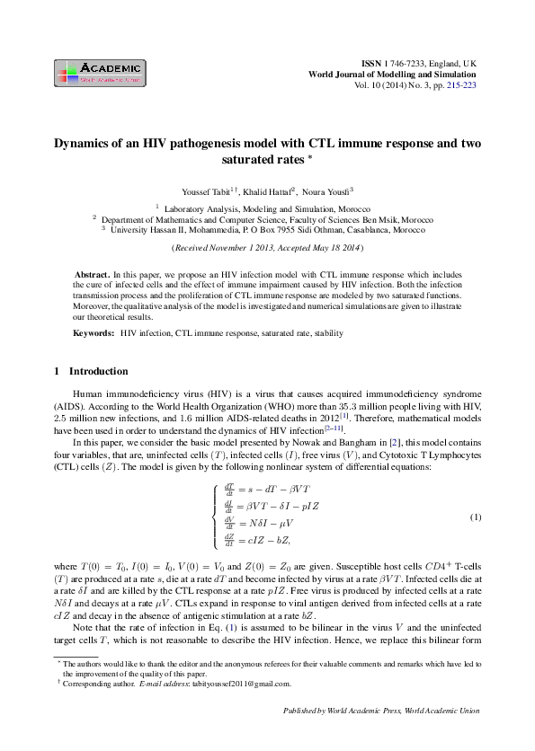 Pdf Dynamics Of An Hiv Pathogenesis Model With Ctl Immune Response