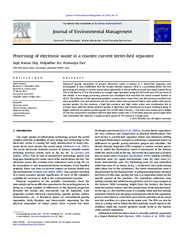 (PDF) Processing of electronic waste in a counter current teeter-bed ...