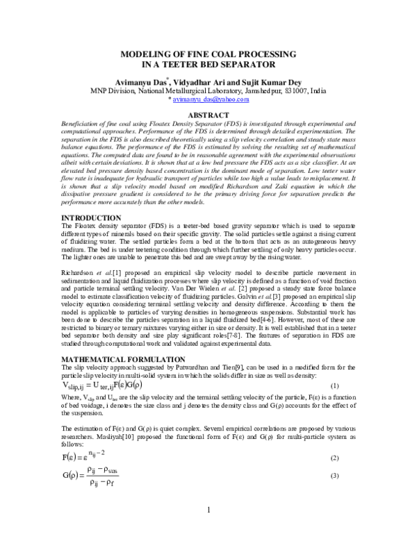 (PDF) Modelling of fine coal processing in a teeter bed separator