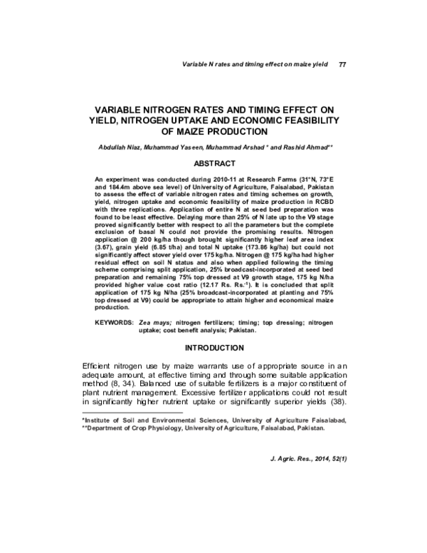 (PDF) Variable Nitrogen Rates and Timing Effect on Yield, Nitrogen ...