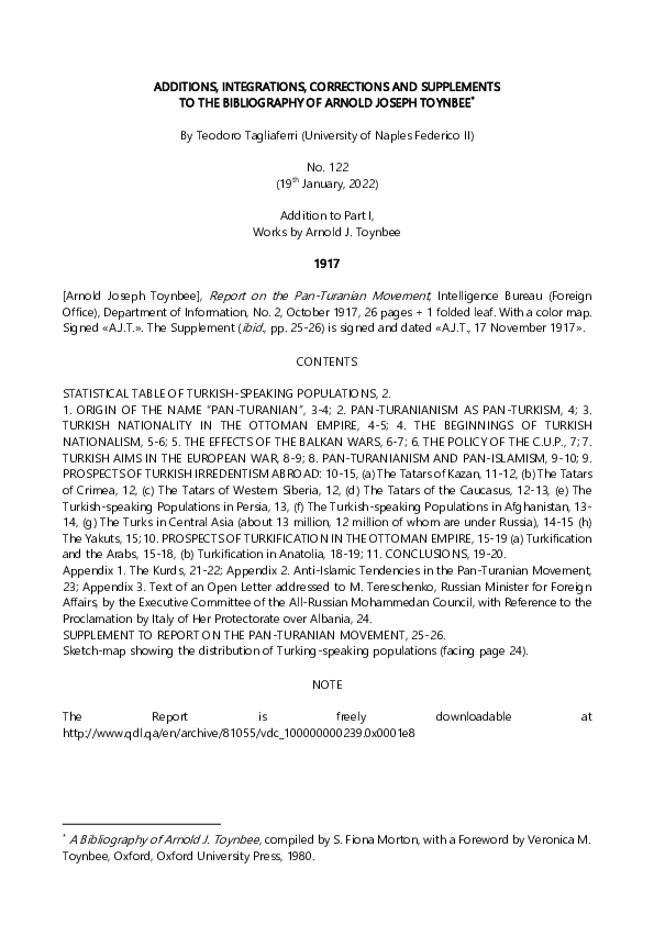 (PDF) Arnold Joseph Toynbee, Report on the Pan-Turanian Movement