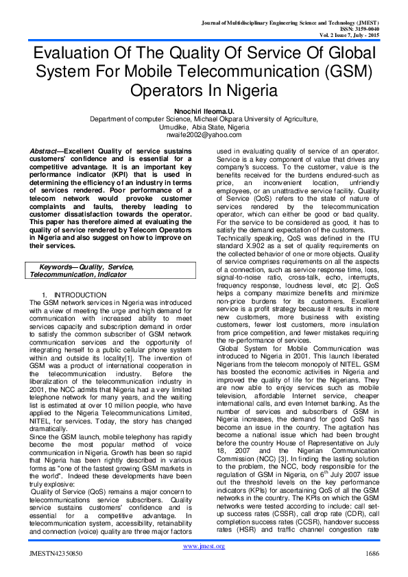 (PDF) Evaluation Of The Quality Of Service Of Global System For Mobile ...