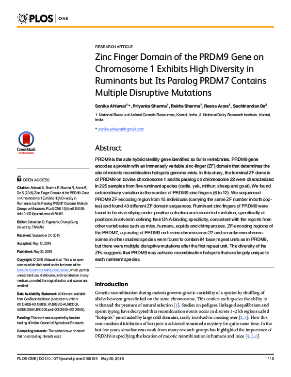 (PDF) Zinc Finger Domain of the PRDM9 Gene on Chromosome 1 Exhibits ...