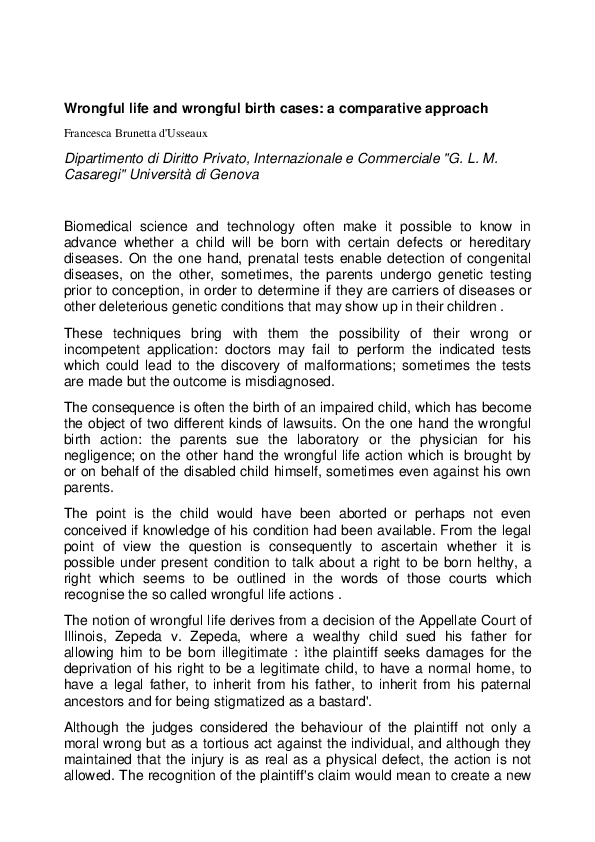 (PDF) Wrongful life and wrongful birth cases: a comparative approach