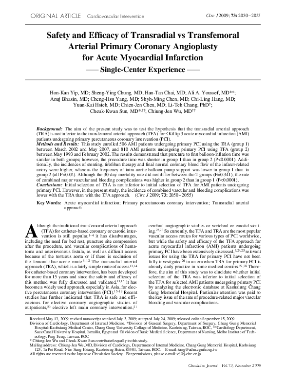 (PDF) Safety and Efficacy of Transradial vs Transfemoral Arterial Primary Coronary Angioplasty ...