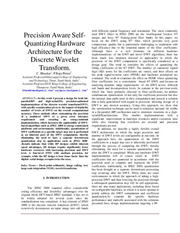(PDF) Precision Aware Self-Quantizing Hardware Architecture for the Discrete Wavelet Transform