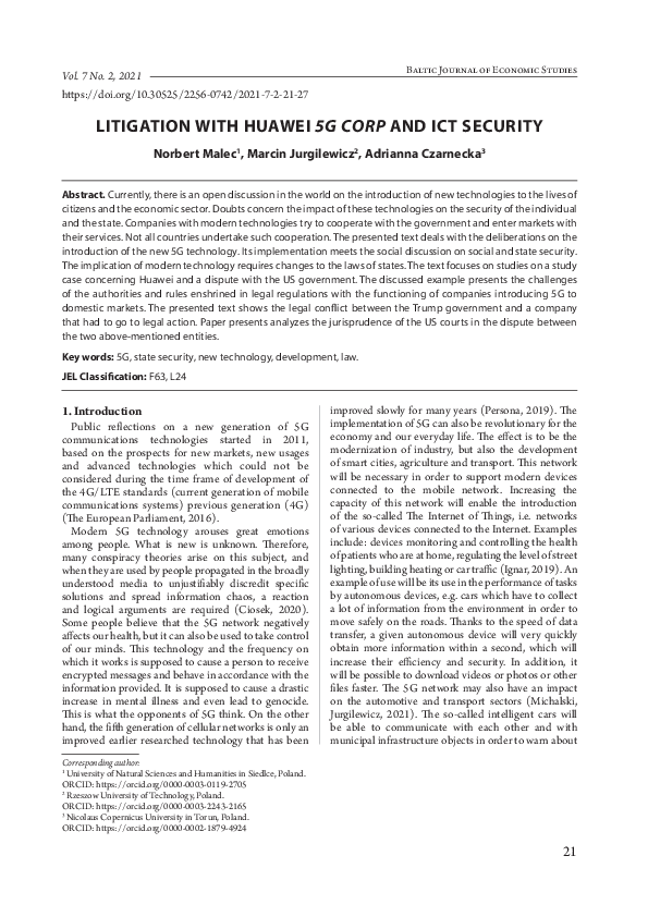 (PDF) Litigation with Huawei 5G Corp and Ict Security