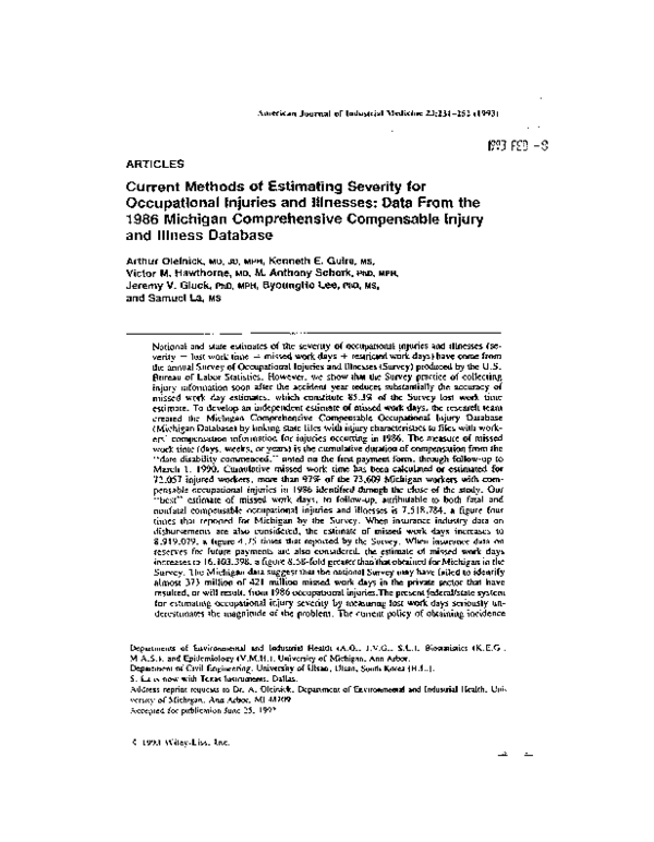 (PDF) Current methods of estimating severity for occupational injuries ...