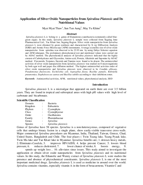 (PDF) Application of Silver Oxide Nanoparticles from Spirulina Platensis and Its Nutritional Values