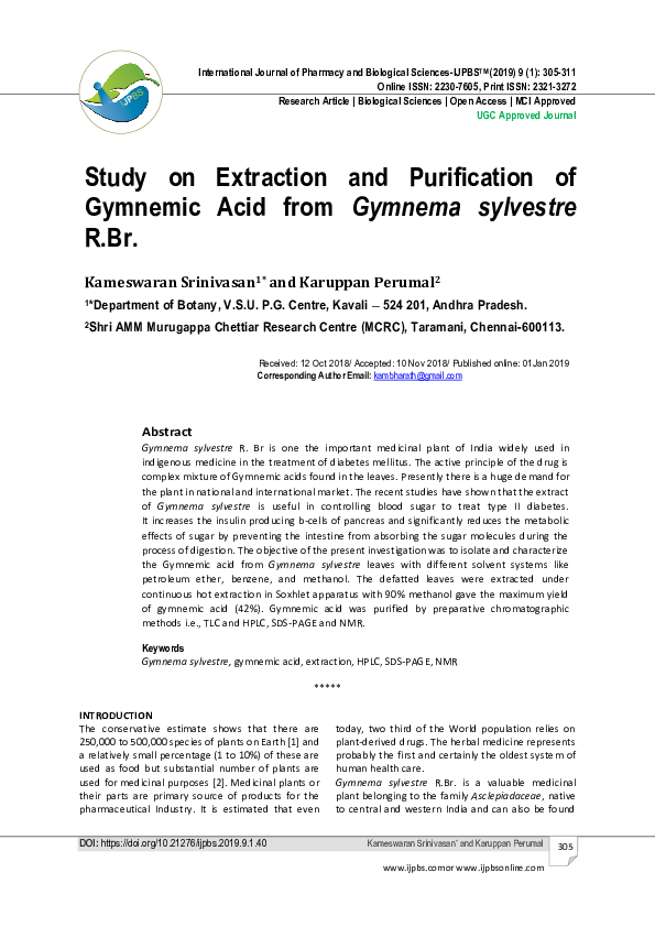 (PDF) Study on Extraction and Purification of Gymnemic Acid from ...