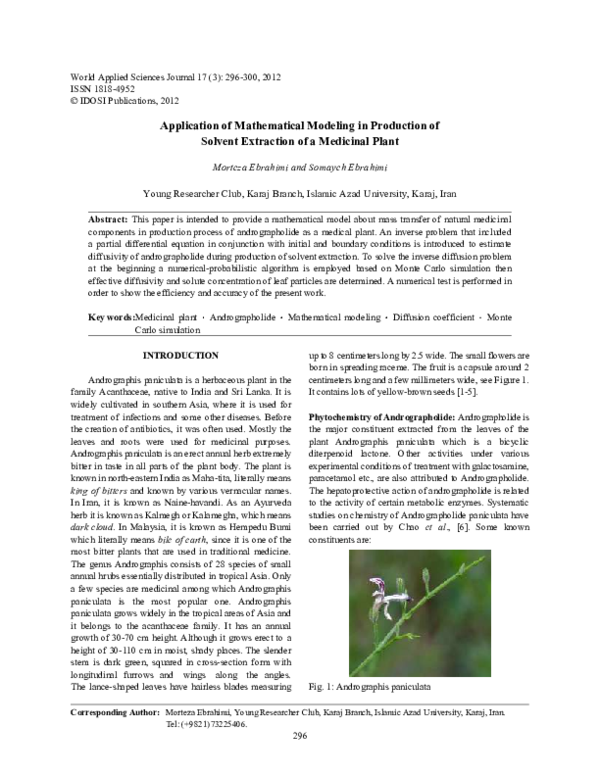 (PDF) Application of Mathematical Modeling in Production of Solvent Extraction of a Medicinal Plant
