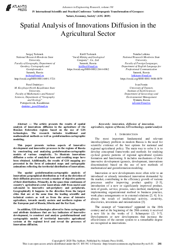 (PDF) Spatial Analysis of Innovations Diffusion in the Agricultural Sector (PDF) Spatial Analysis of Innovations Diffusion in the Agricultural Sector