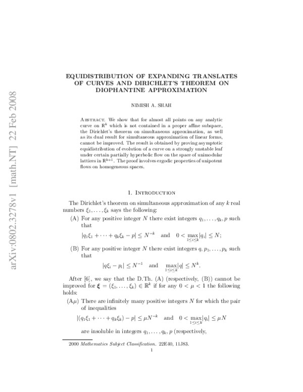 (PDF) Equidistribution of expanding translates of curves and Dirichlet ...
