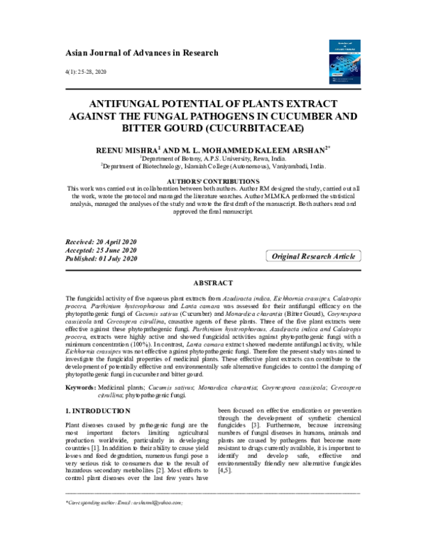 (PDF) Antifungal Potential of Plants Extract Against the Fungal Pathogens in Cucumber and Bitter ...