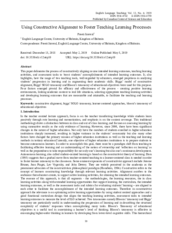 (PDF) Using Constructive Alignment to Foster Teaching Learning Processes