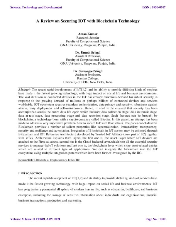 (PDF) A Review on Securing IOT with Blockchain Technology