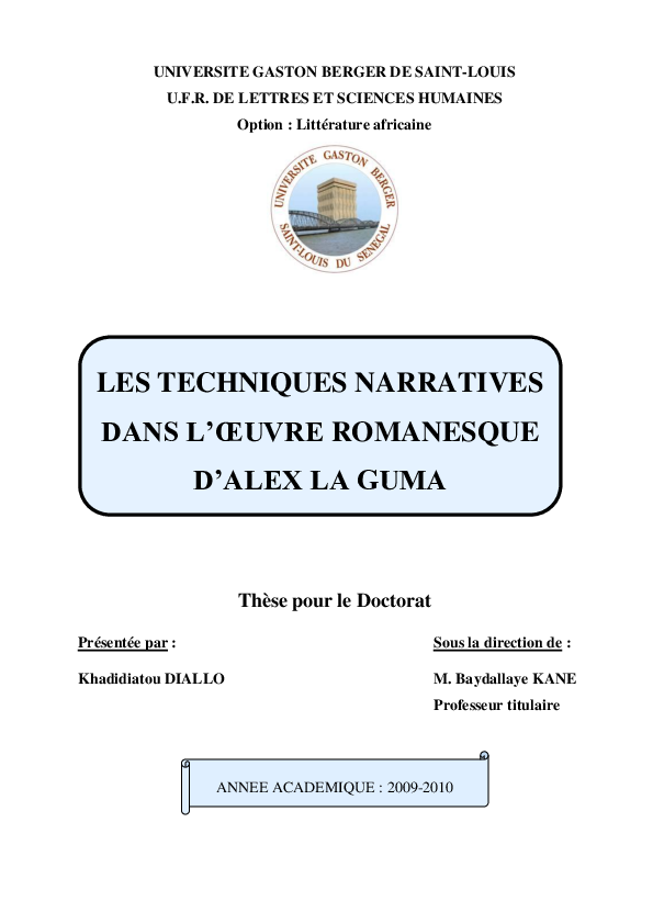 (PDF) Les Techniques narratives dans l'œuvre romanesque d'Alex La Guma