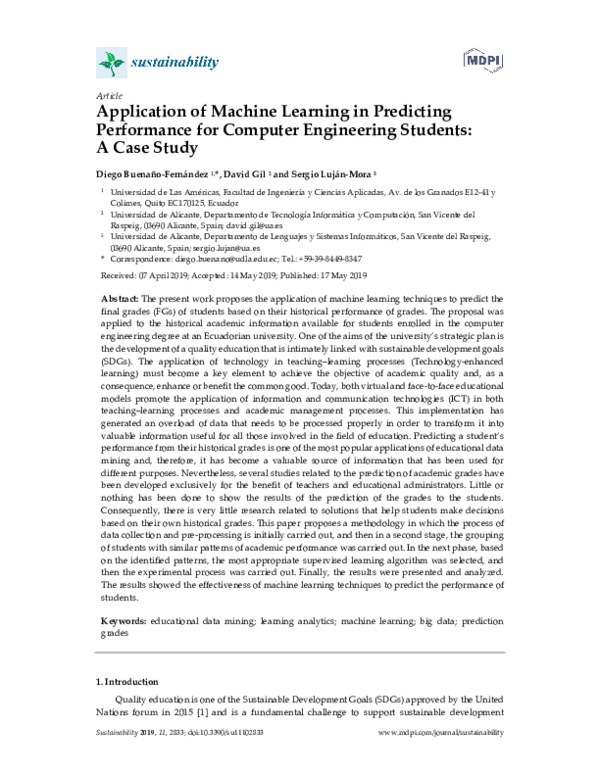 Pdf Application Of Machine Learning In Predicting Performance For Computer Engineering