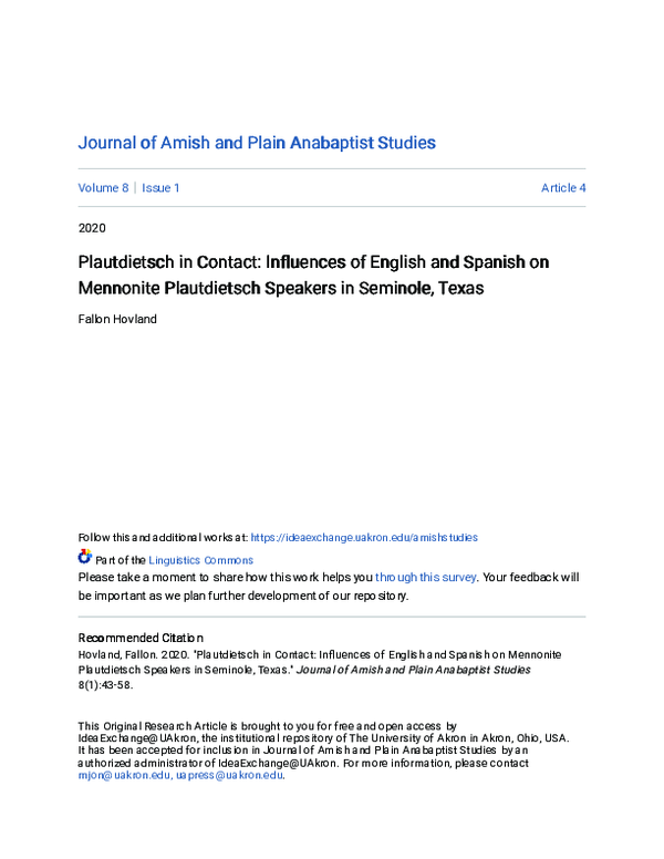 (PDF) Plautdietsch in Contact: Influences of English and Spanish on ...